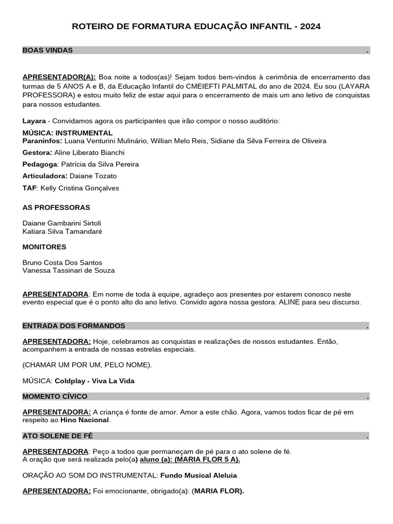 Roteiro para Formatura - 2024 | PDF | Pré-escola