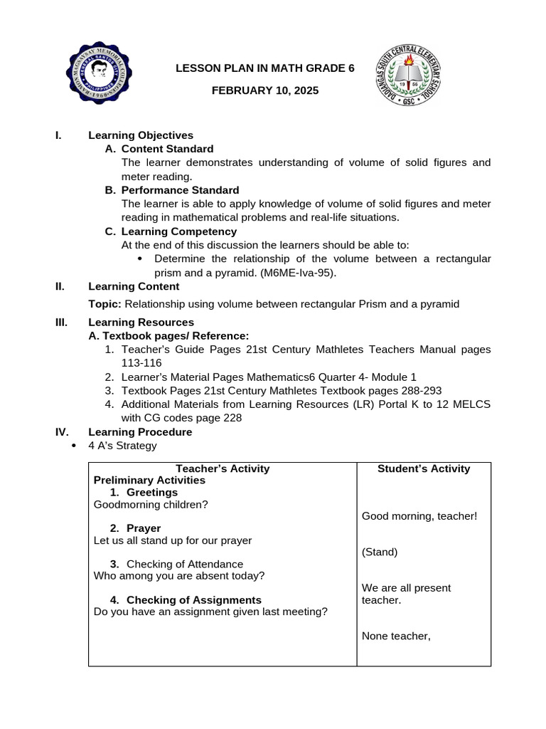 LESSON PLAN IN MATH GRADE 6 | PDF | Volume | Area