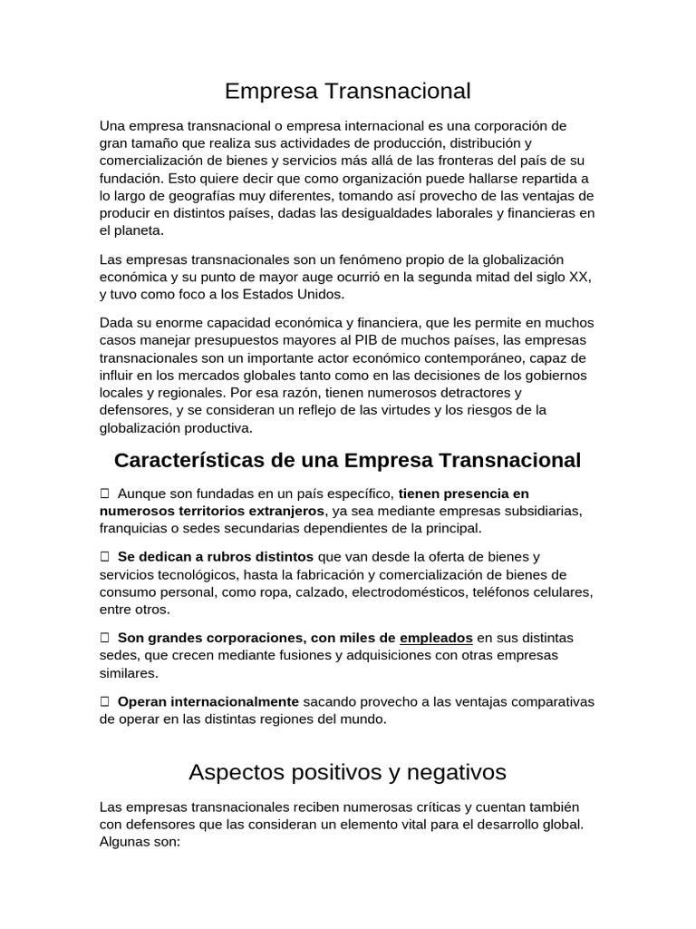 Definición y características de empresas transnacionales | PDF ...