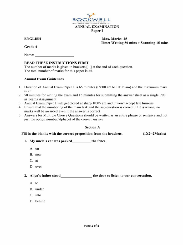 Gr 4 English Annual Exam Paper I | PDF