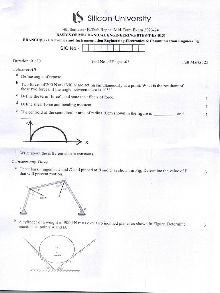 Basics of Mechanical Engineering(Btbs-t-es-013) - Mid Term Exam Repeat - 2023-2024 | PDF
