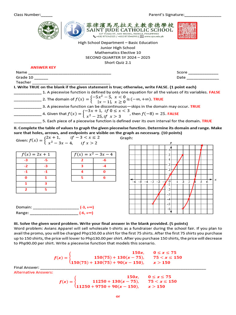 AnsKey SQ2.1 Piecewise Function | PDF | Function (Mathematics) | Mathematical Objects
