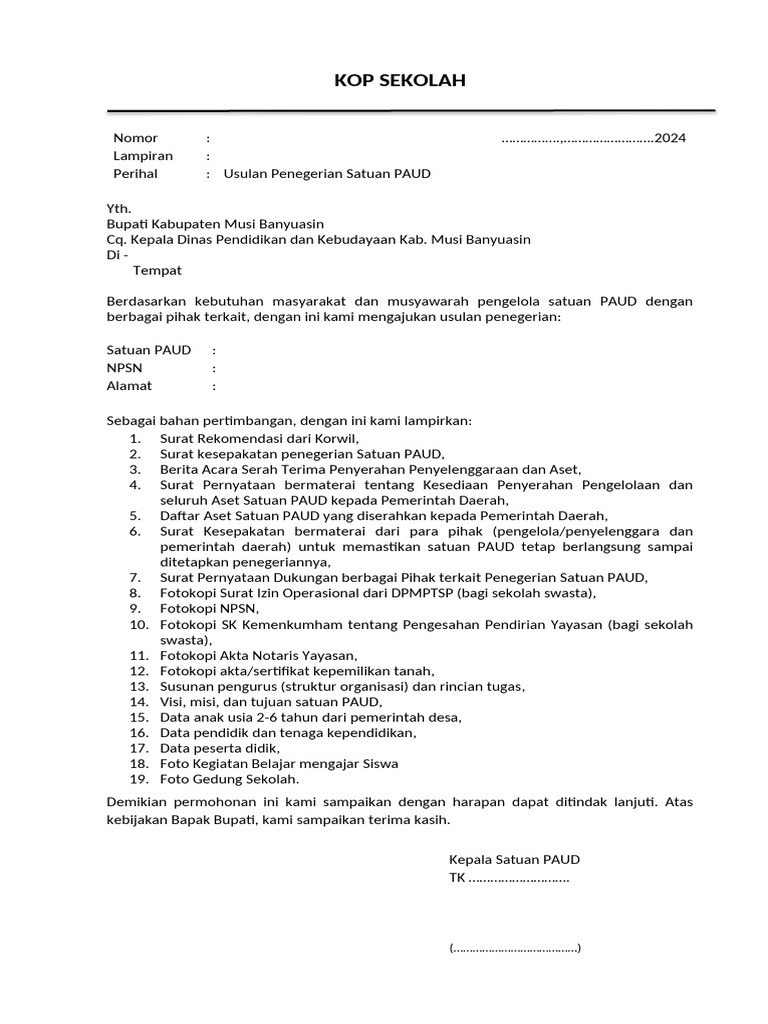 Fix Contoh Format Proposal Usulan Penegerian TK | PDF