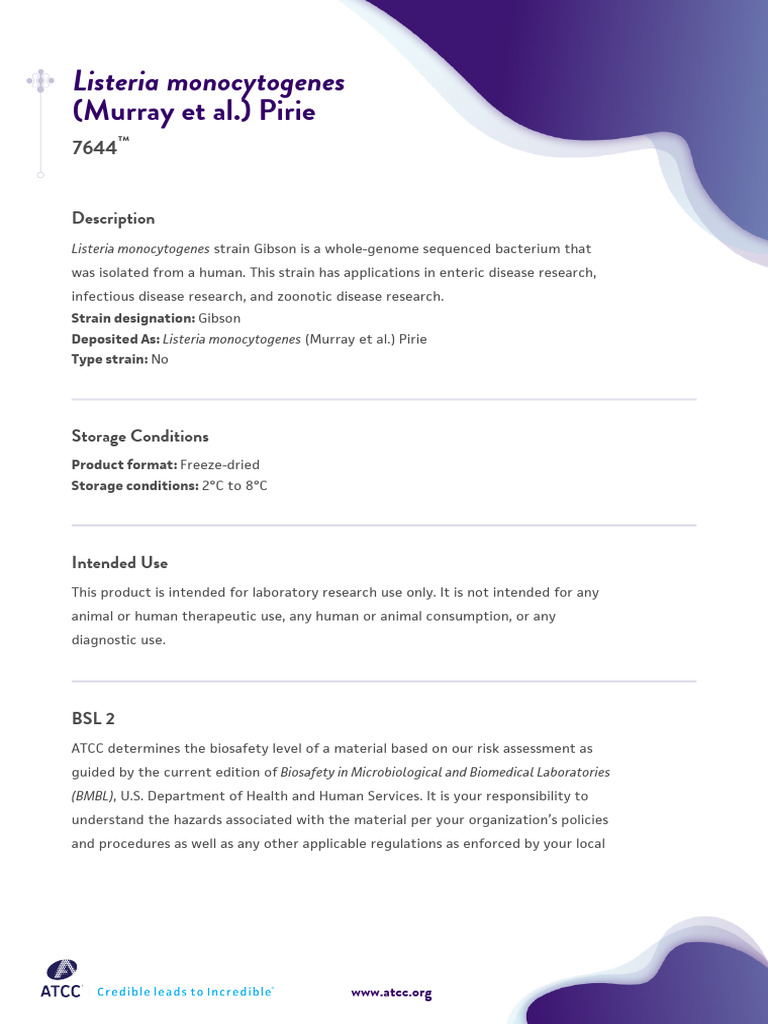 7644 Product Sheet - Listeria Monocytogenes (Murray Et Al.) Pirie | PDF ...