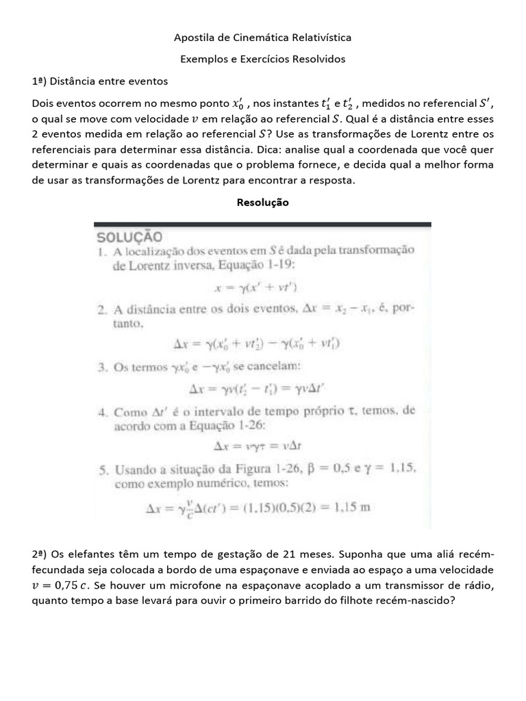 Exemplos e Exerc-Cios Resolvidos de Cinem-Tica Relativ-Stica - 2021 | PDF