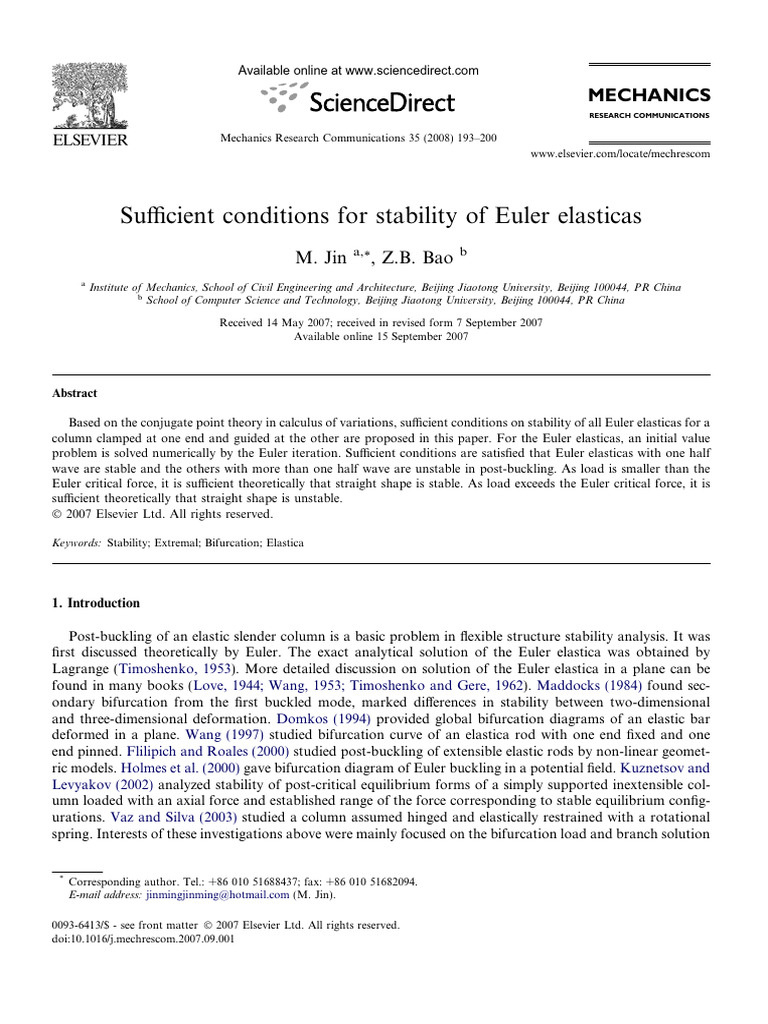 Sufficient Conditions For Stability of Euler Elasticas | PDF | Calculus Of Variations | Leonhard ...