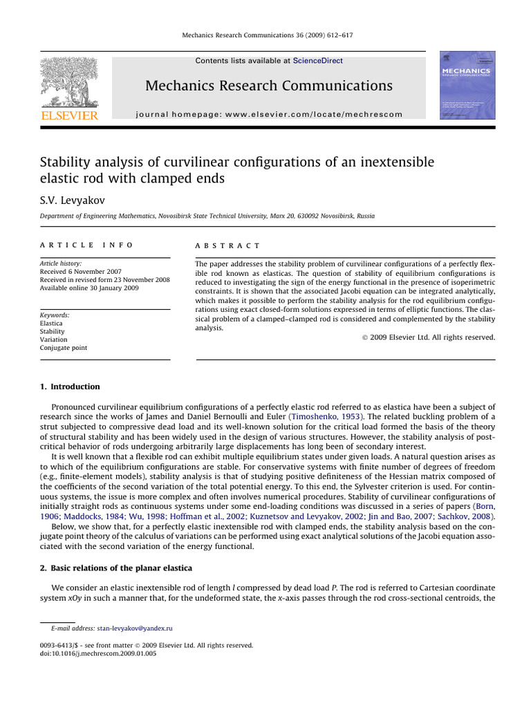 Stability Analysis of Curvilinear Configurations of an Inextensible Elastic Rod With Clamped ...