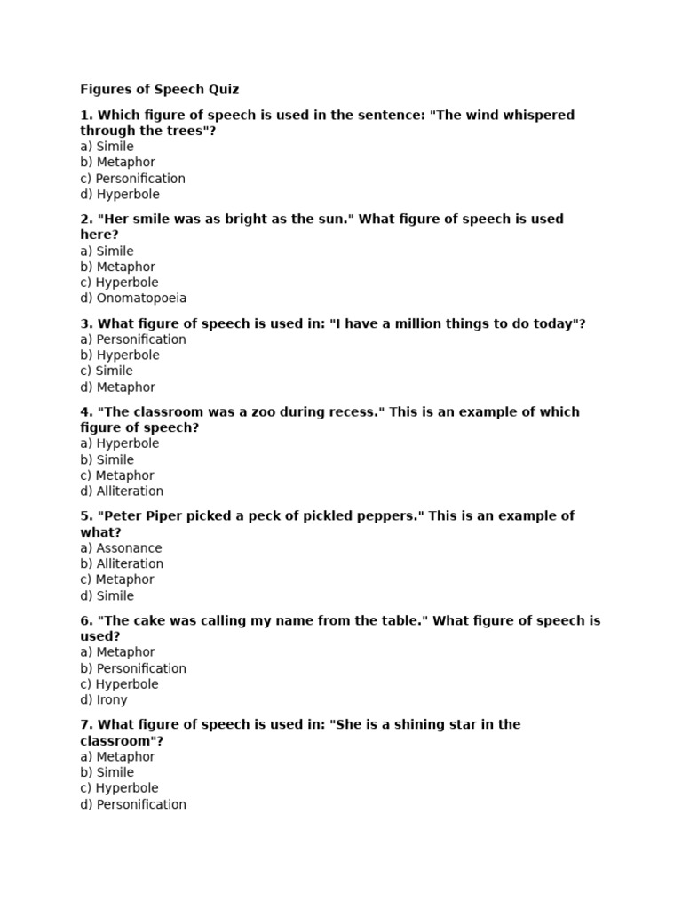 Figures of Speech Quiz Questions | PDF