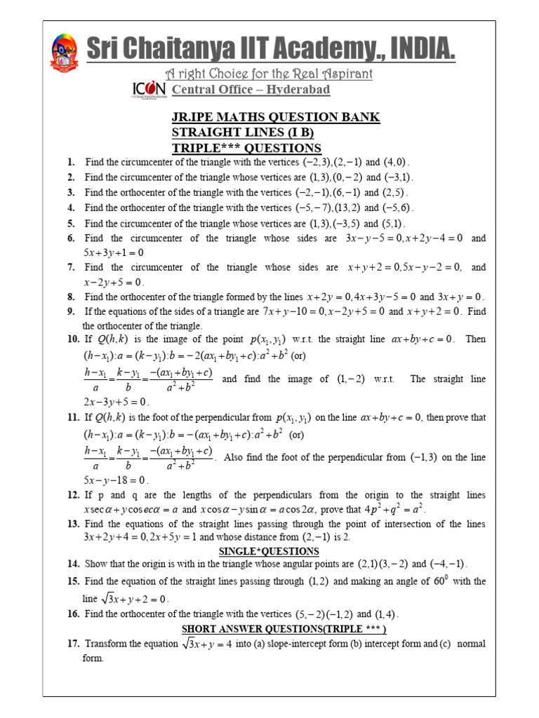 JR Maths Ipe Question Bank Straight Lines-1 | PDF | Line (Geometry) | Perpendicular