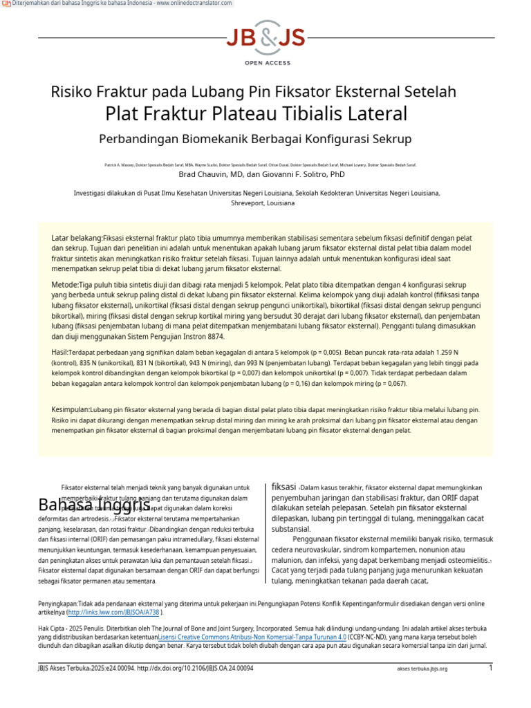 Risk of Fracture at External Fixator Pin Hole After Lateral Tibial ...