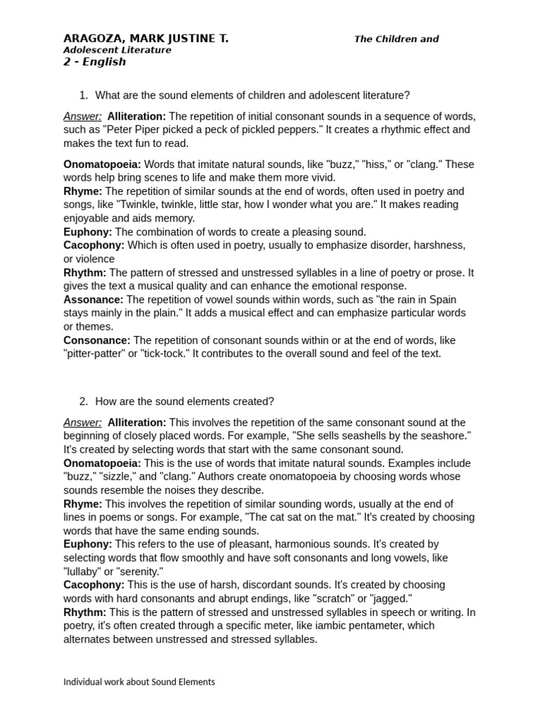 Sound Elements in Youth Literature | PDF | Poetry | Phonaesthetics