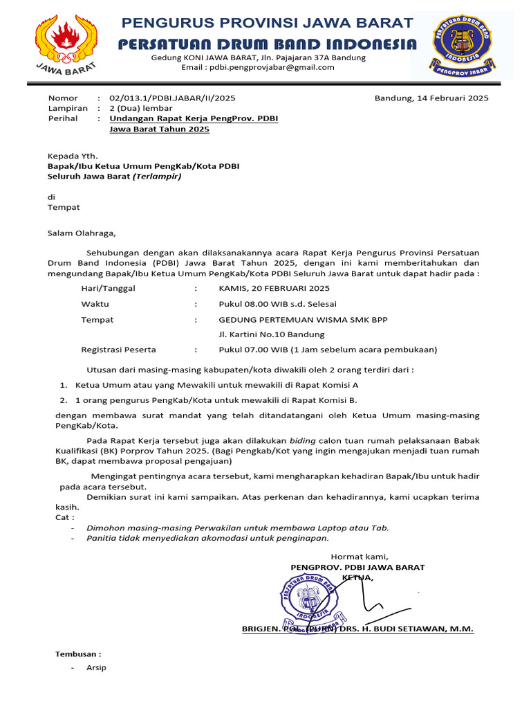 13.1 Surat Undangan Rapat Kerja Pdbi Jabar 2025 Ke Ketua Umum Pengkabkota | PDF