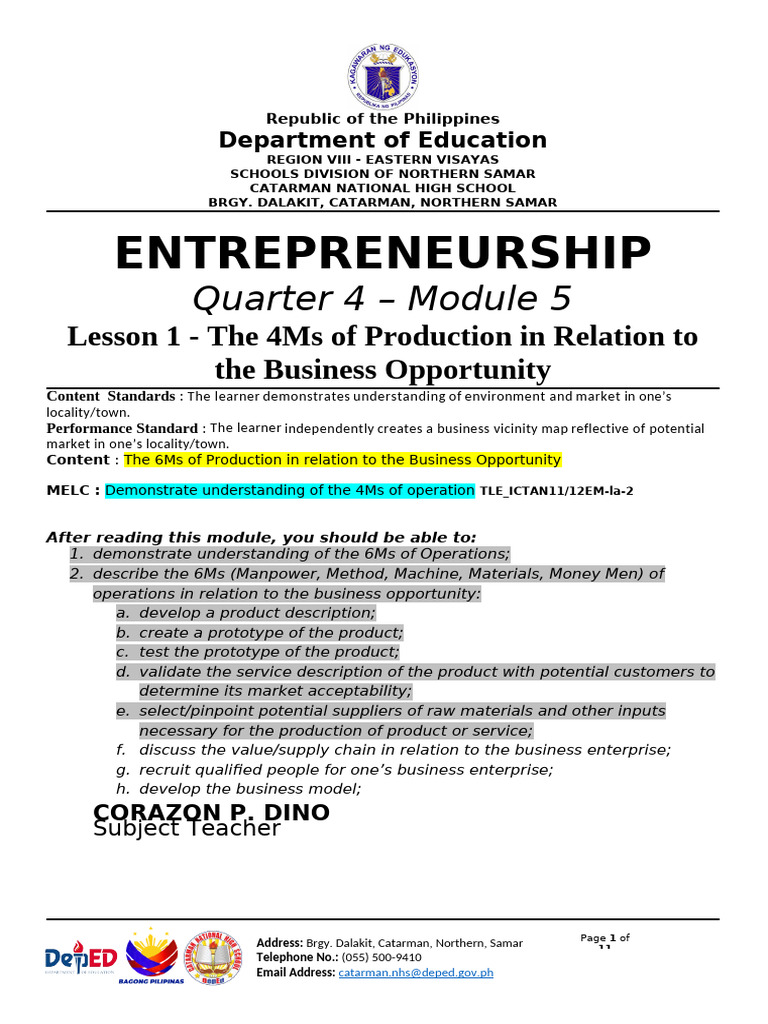 ENTREP Q4 M5 The 6Ms of Operations Business Model Lesson 1 For Student | PDF | Capital ...