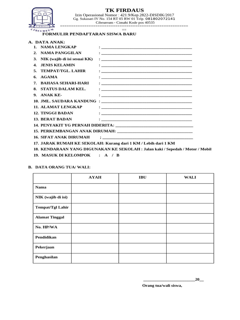 FORMULIR SISWA BARU | PDF