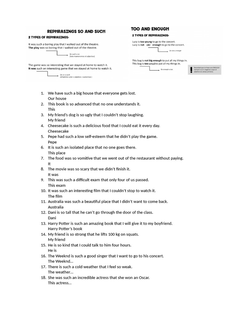Rephrasing So and Such, Too and Enough | PDF