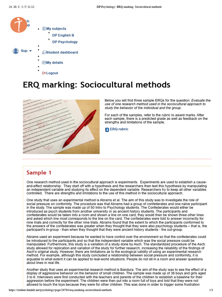 DP Psychology - ERQ Marking - Sociocultural Methods | PDF | Experiment ...