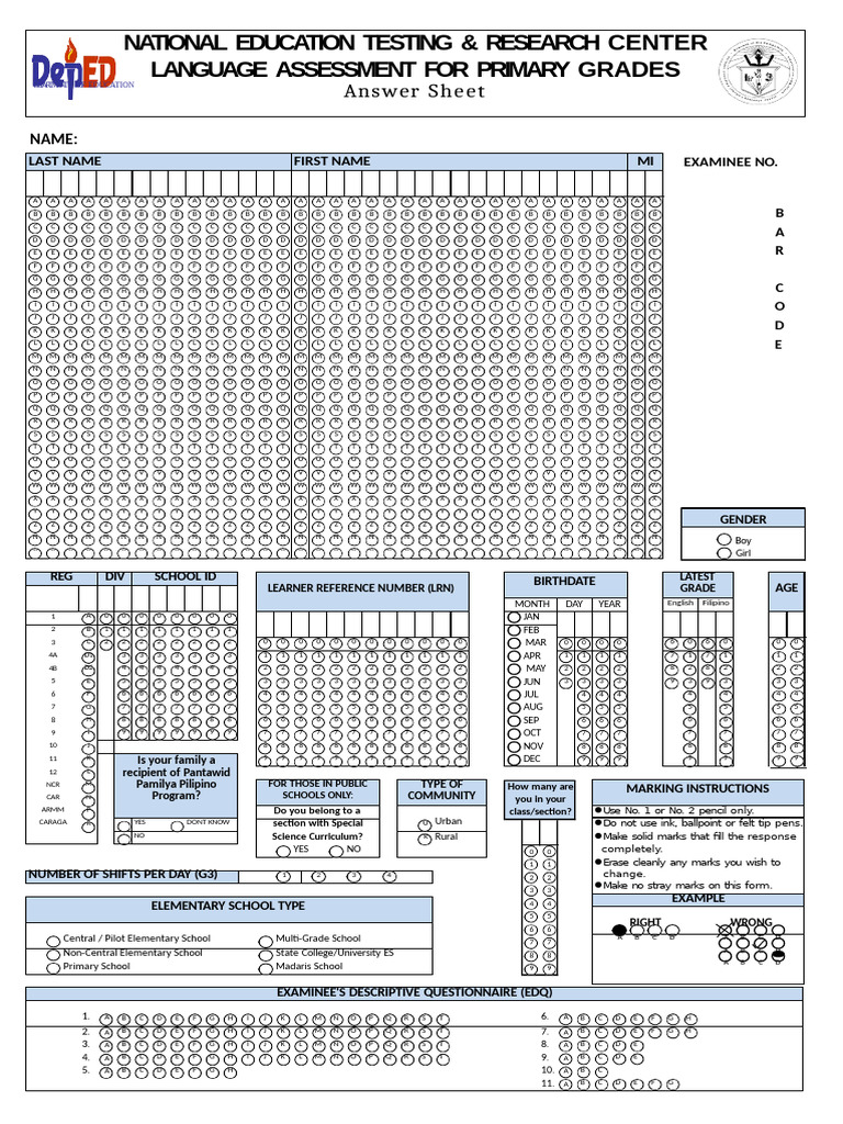 GRADE 3 LAPG Answer Sheet (Front) | PDF | Writing Implements | Stationery
