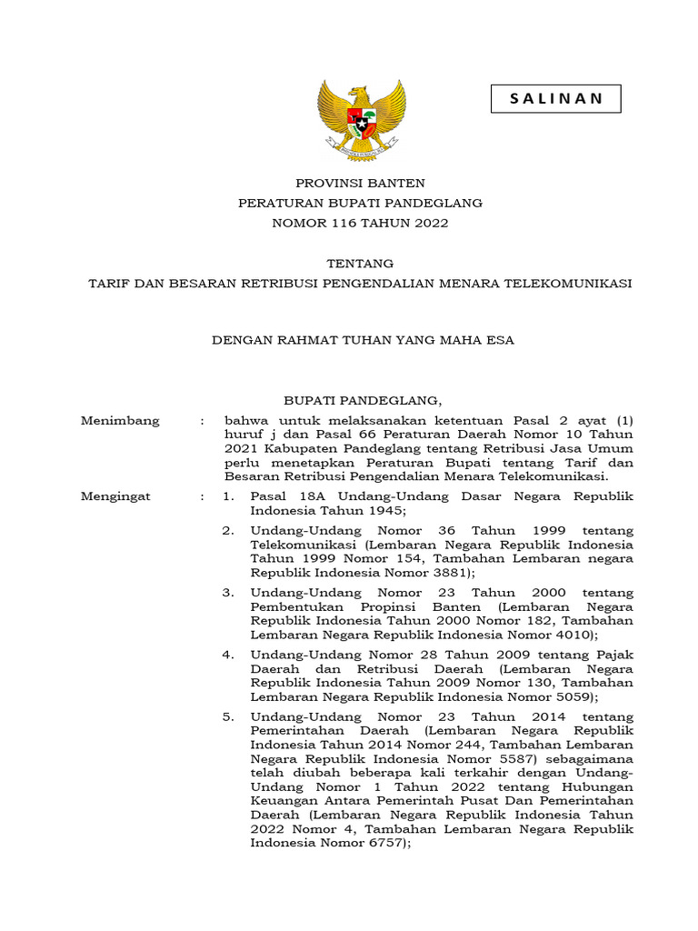 No.116 Perbup Tahun 2022 Tarif Retribusi Menara Telekomunikasi | PDF