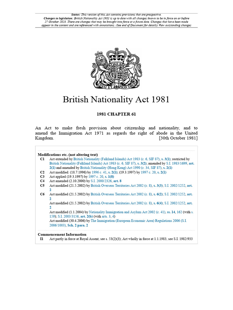 British Nationality Act 1981 | PDF | Citizenship | Nationality