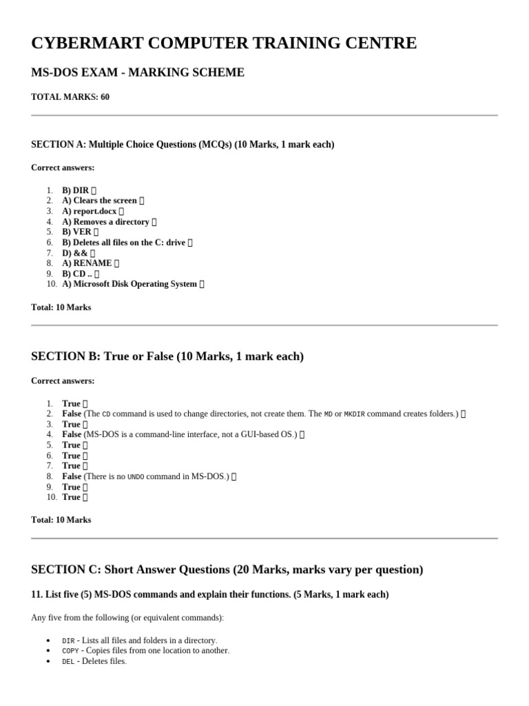 MS-DOS Exam Marking Scheme Guide | PDF | Computer File | Directory ...