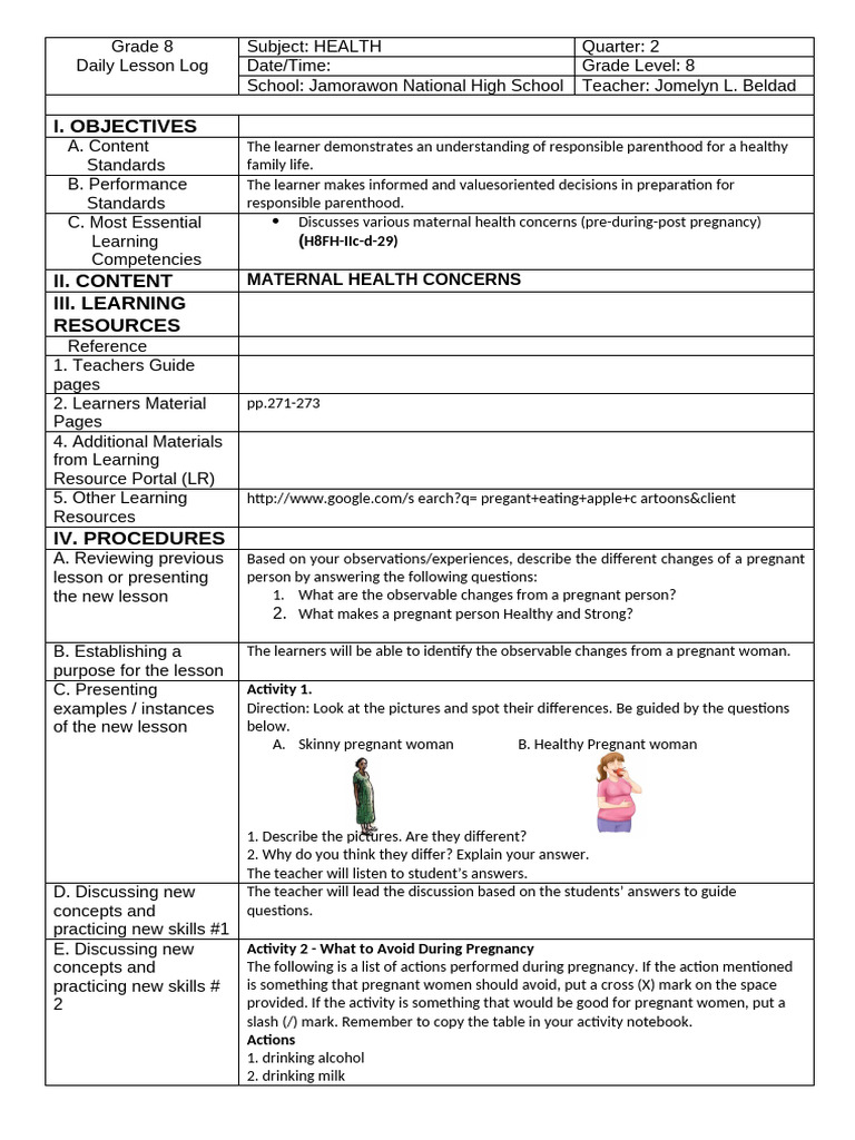 Grade 8 Health Lesson on Maternal Care | PDF | Pregnancy | Learning