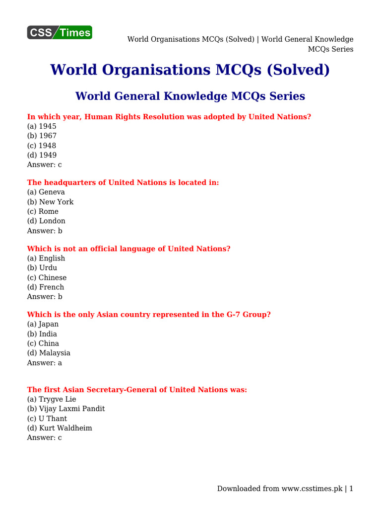 World Organisations MCQs (Solved) - World General Knowledge MCQs Series ...