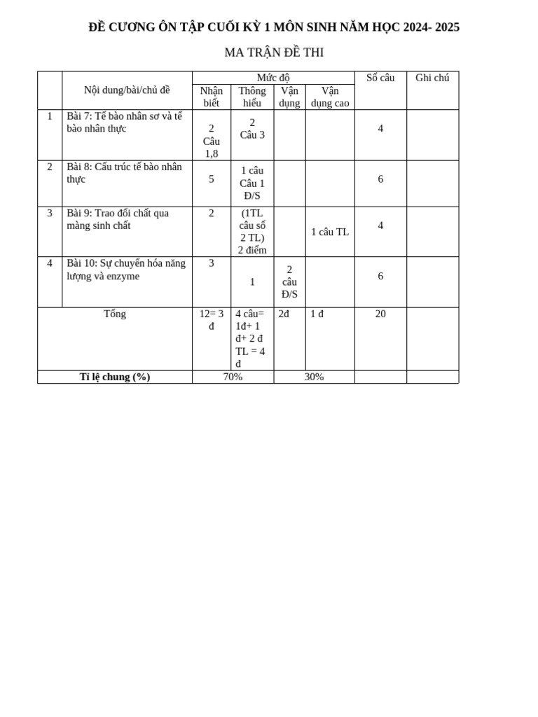 MA TRẬN HKI 10 | PDF