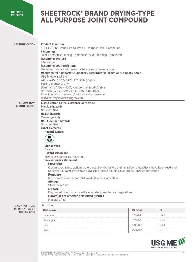 Sheetrock Drying-Type All Purpose Joint Compound Powder Ref. If-Sds002 ...