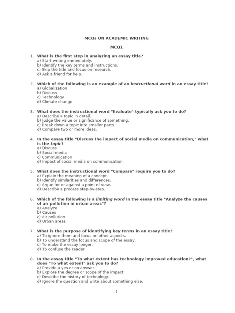 Academic Writing MCQs Guide | PDF | Grammar | Linguistics