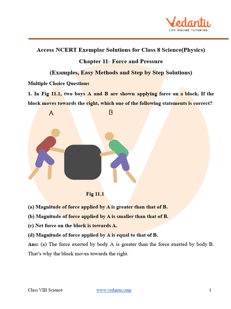 Class 8 Science: Force and Pressure Solutions | PDF | Force | Pressure