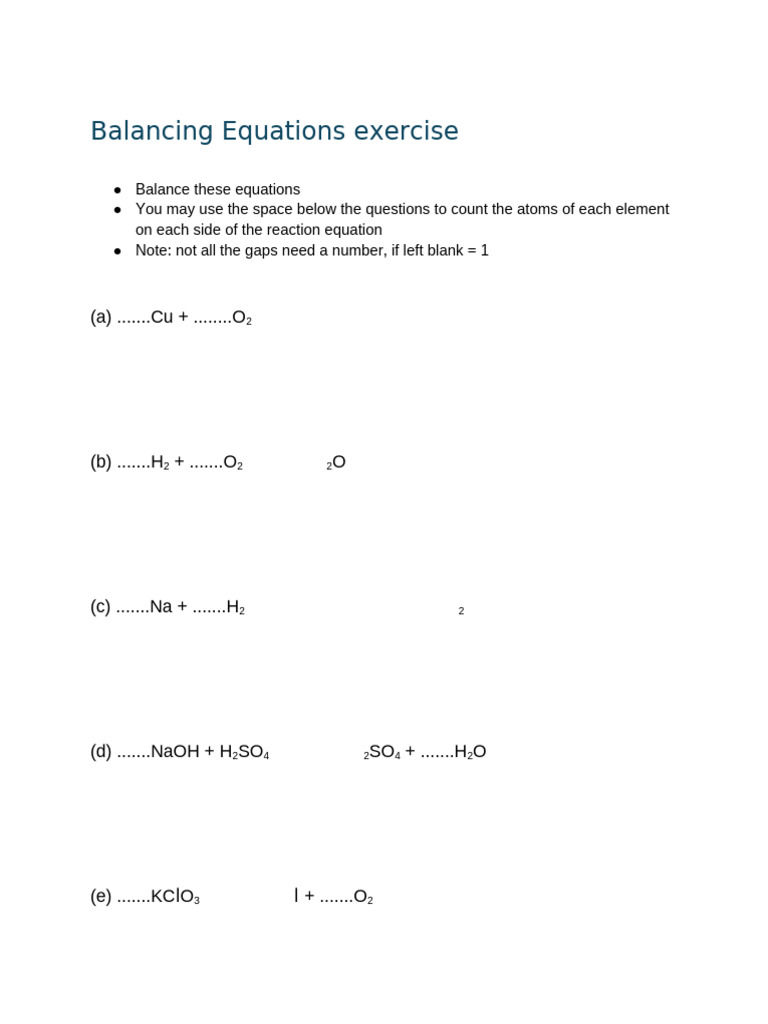 Balancing Chemical Equations Exercise | PDF