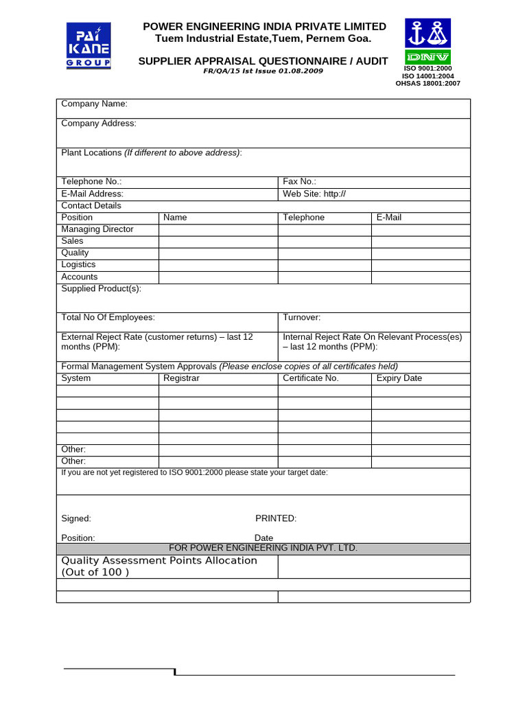 Supplier Audit Questionnaire 2009 | PDF | Audit | Business