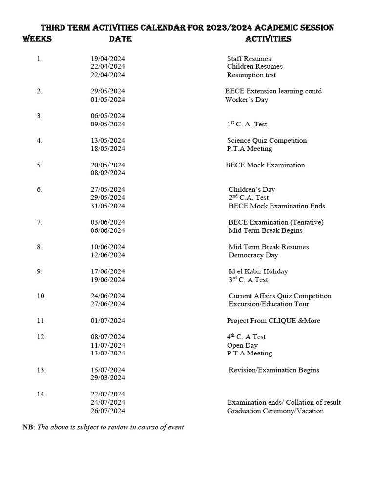 Activity Calendar 2024 | PDF