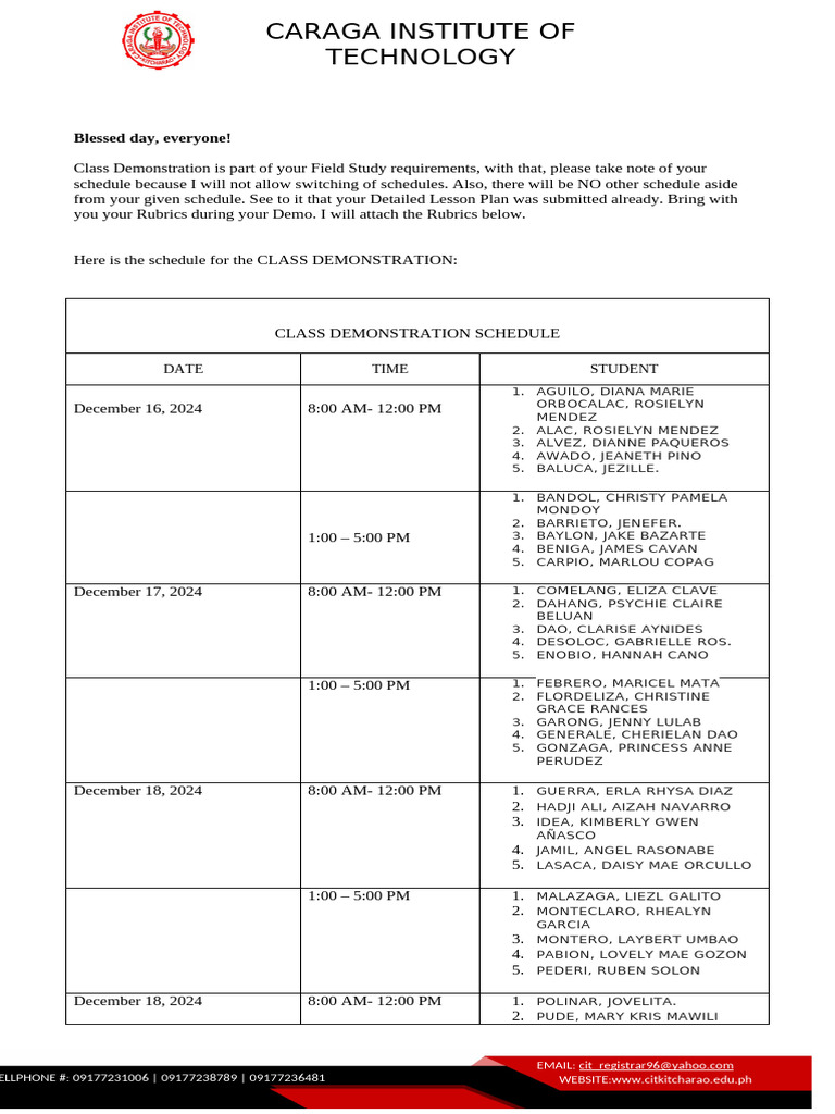 Class Demonstration Schedule 2024 | PDF