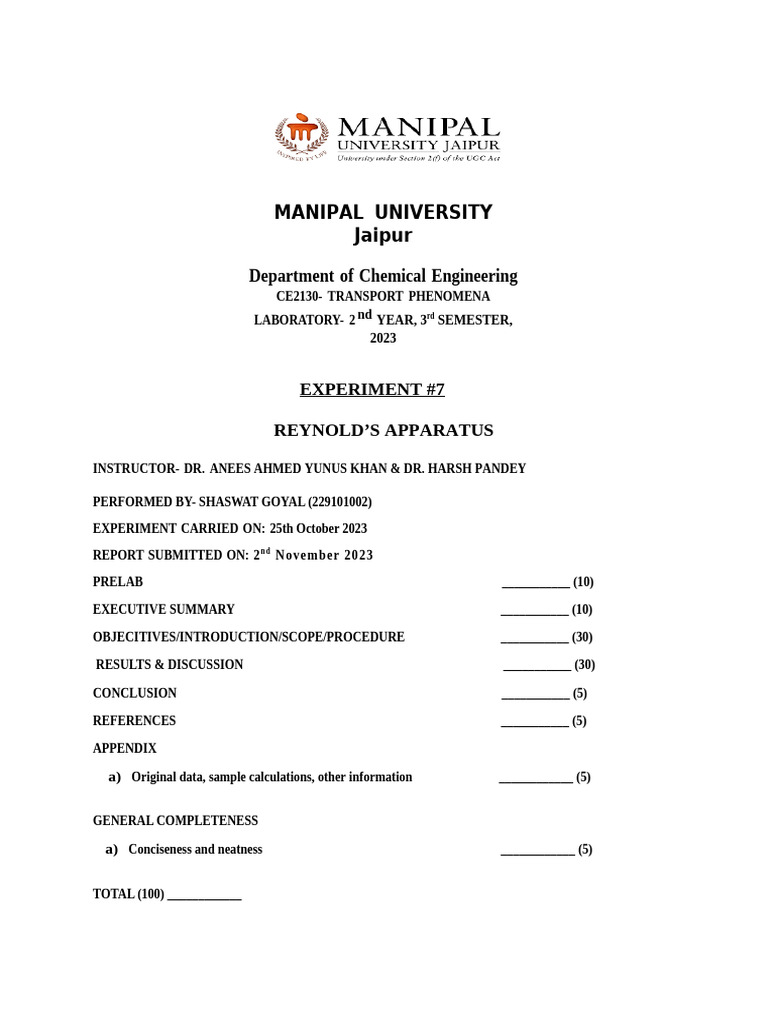 Shaswat Goyal Lab1 Report 7 | PDF | Reynolds Number | Laminar Flow