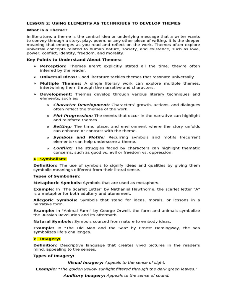 Lesson 2 Using Elements As Techniques To Develop Theme | PDF ...