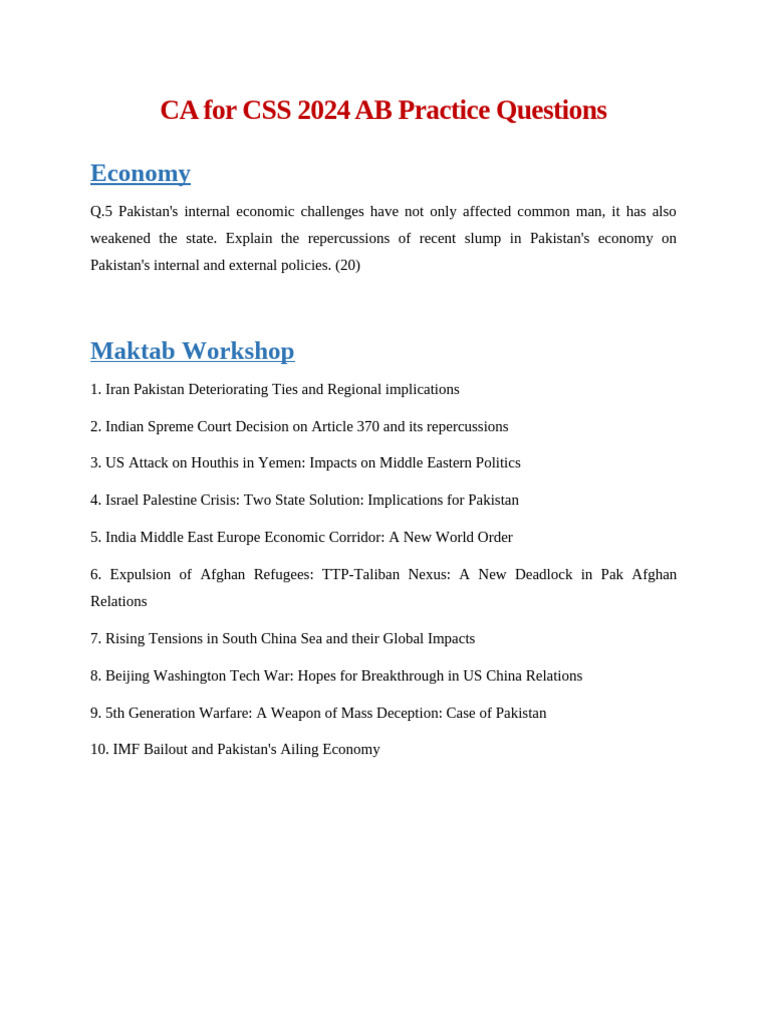 CSS 2024 CA Practice Questions List | PDF | Pakistan | Afghanistan