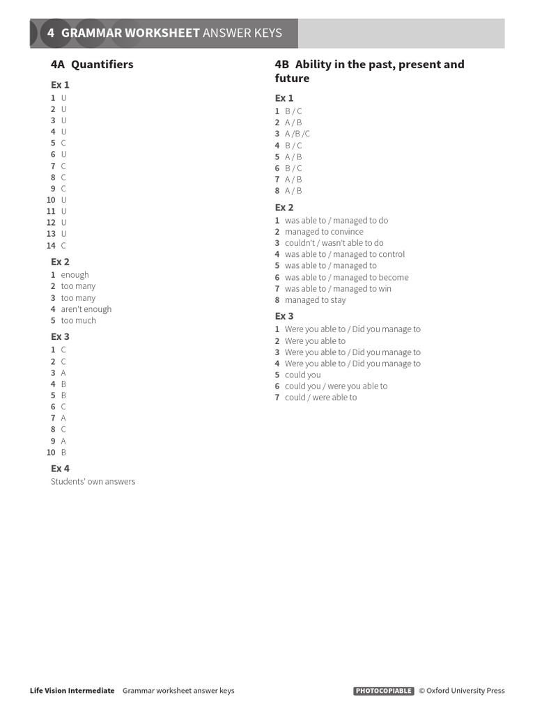 Life Vision Int Gram Worksheets U4 AK | PDF