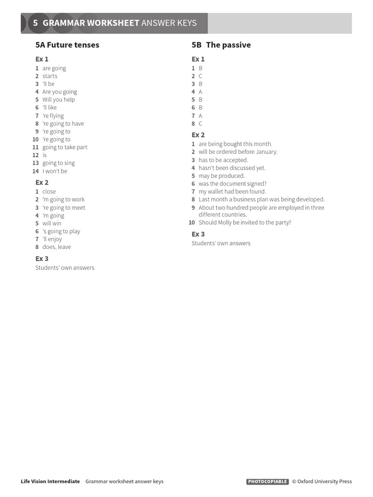 Life Vision B2 Grammar Answer Keys | PDF