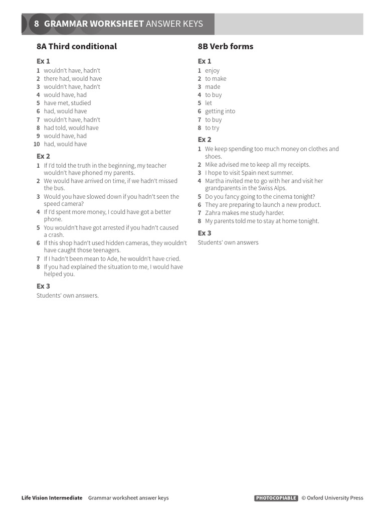 Life Vision Int Gram Worksheets U8 AK | PDF