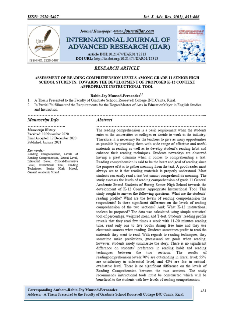 60152ac040549 IJAR-34866 | PDF | Reading Comprehension | Schema ...