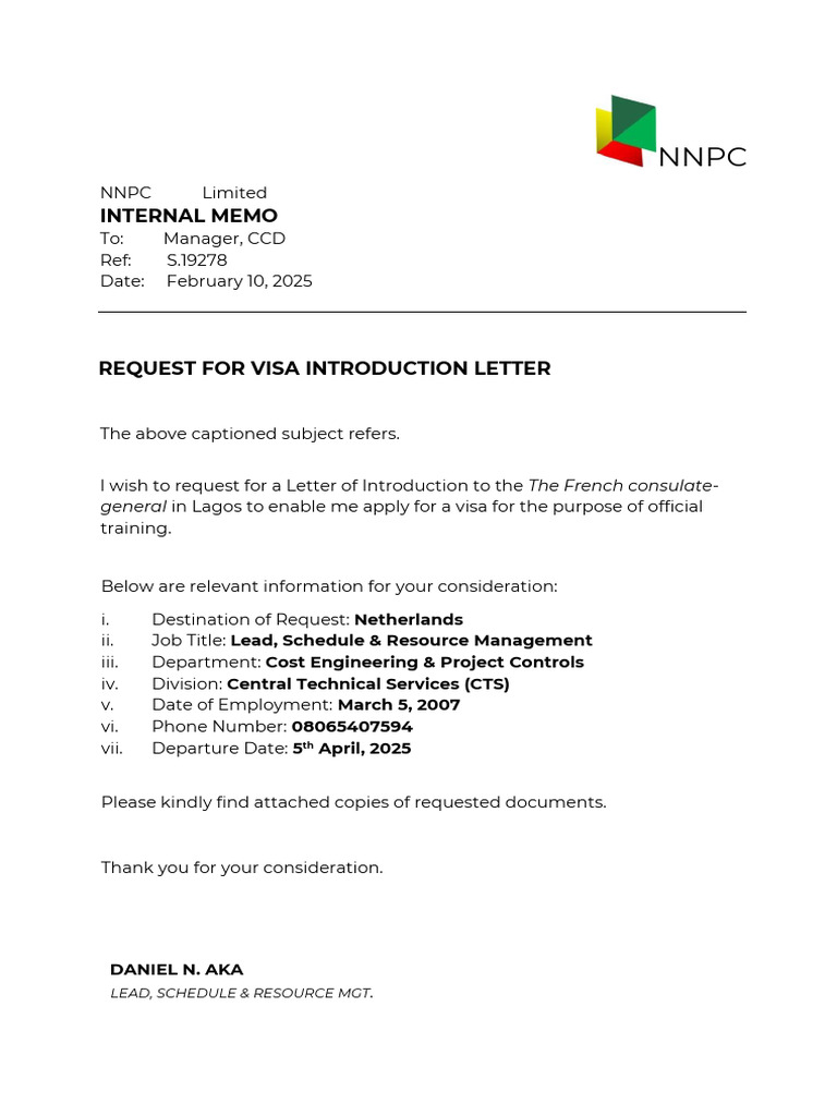 Visa Introduction Letter Request for Training | PDF
