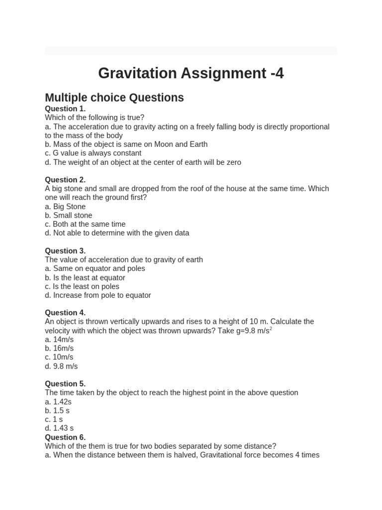 Gravitation Assignment 4 | PDF | Buoyancy | Weight