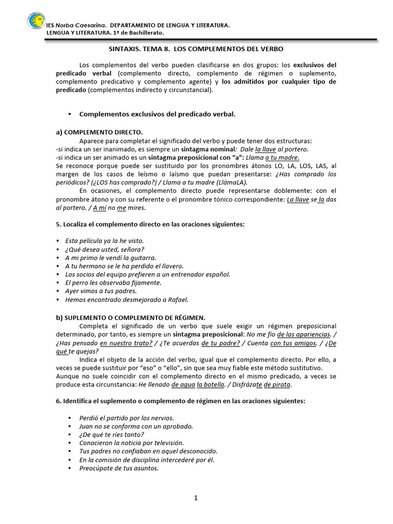 Tema 8 Los Complementos Del Verbo1 | PDF | Verbo | Predicado (Gramática)