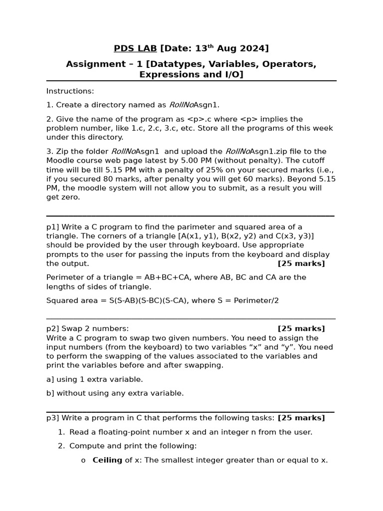 PDS LAB (Date: 13 Aug 2024) Assignment - 1 (Datatypes, Variables, Operators, Expressions and I/O ...