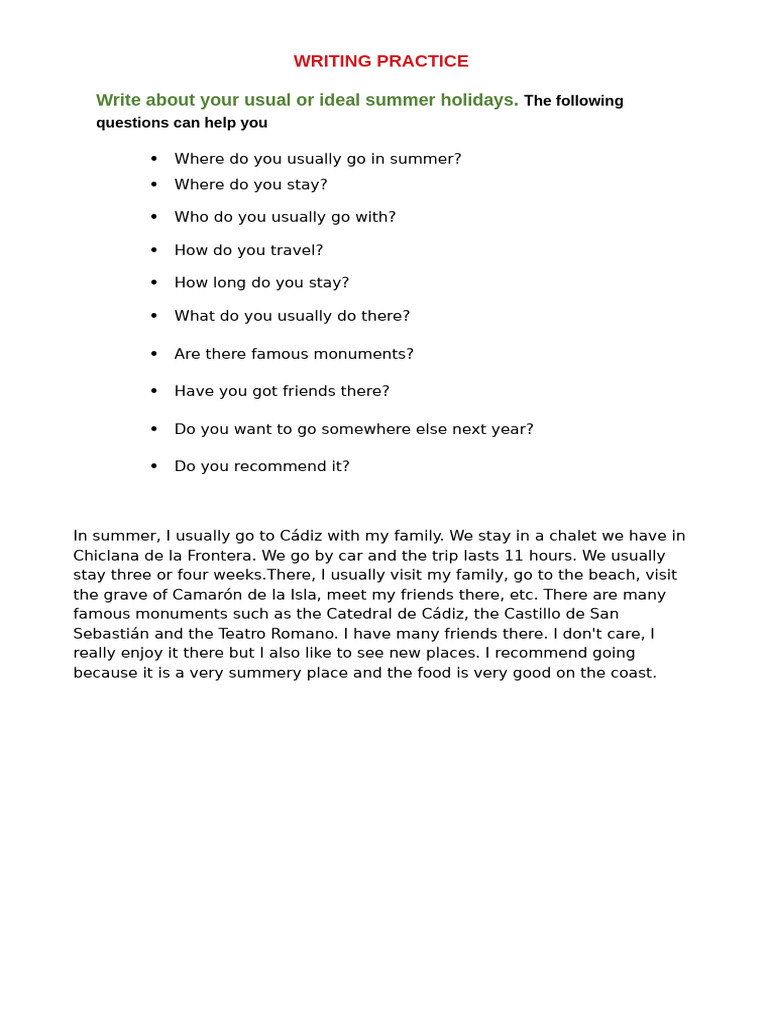 Summer Holidays Writing Practice | PDF