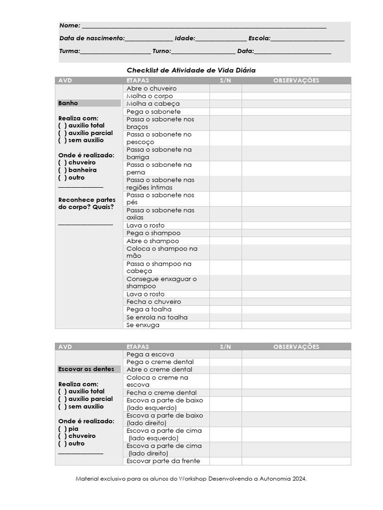 Checklist Avd - Terapia Ocupacional | PDF | Roupas | Talheres