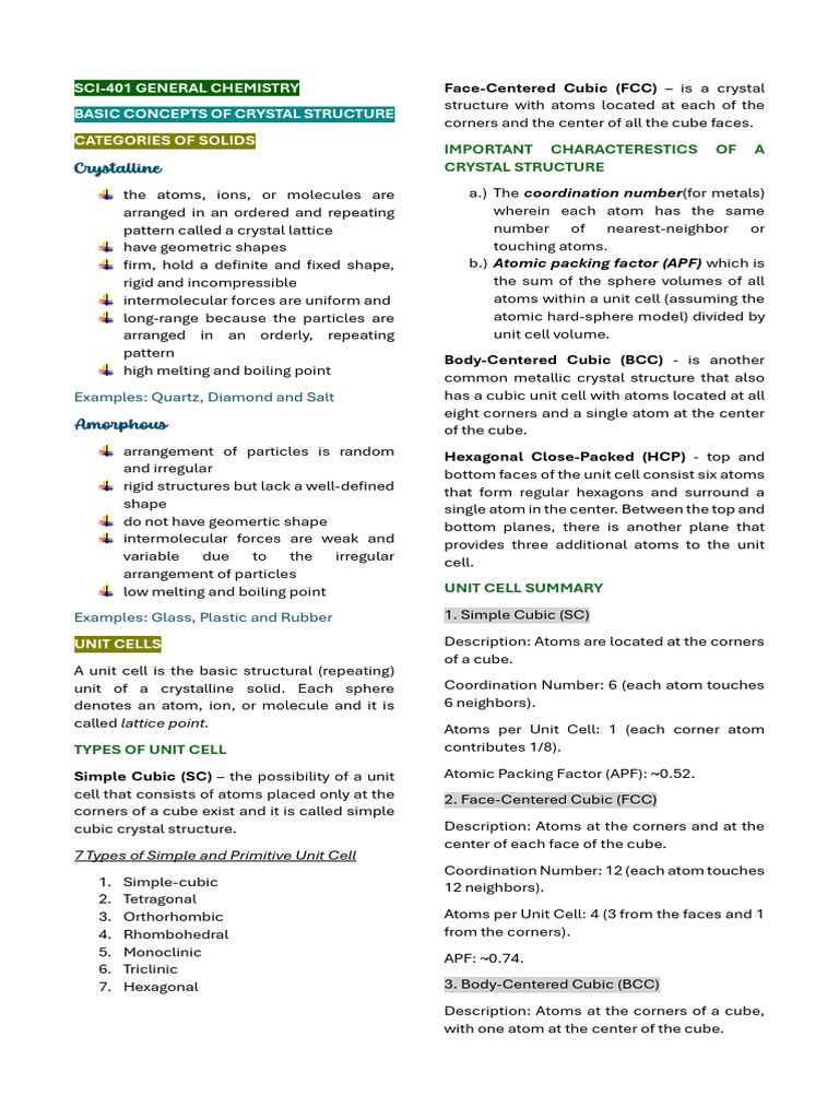 Chemistry Finals Reviewer | PDF | Crystal Structure | Semiconductors