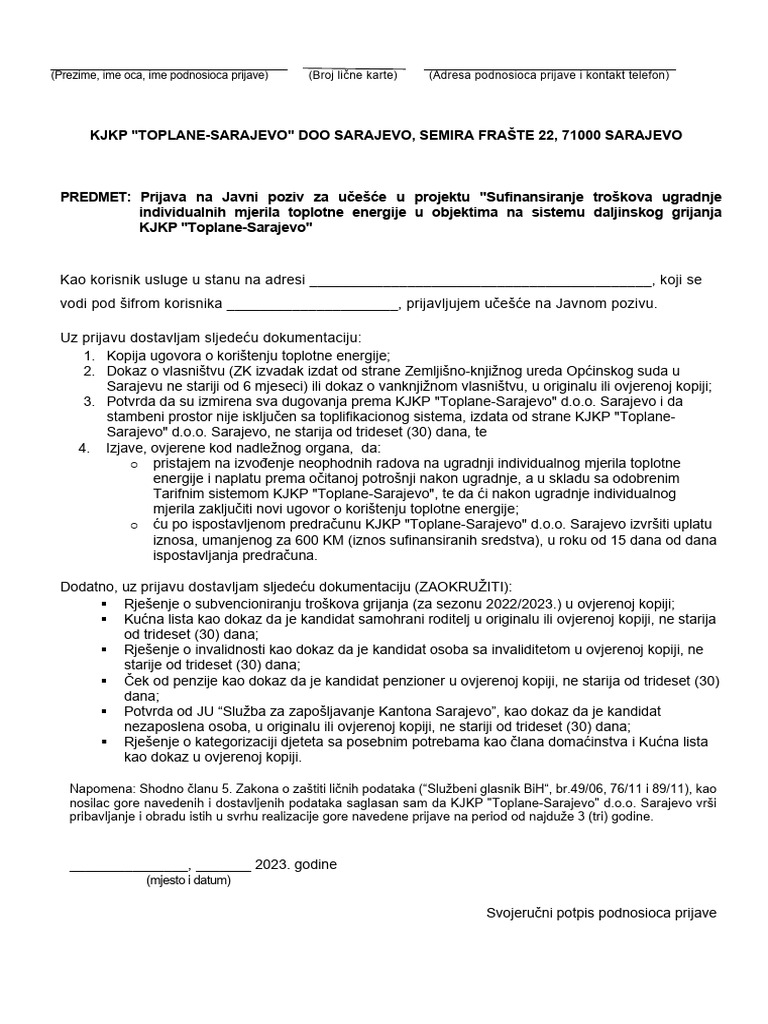 Obrazac Prijave Mjeraci | PDF