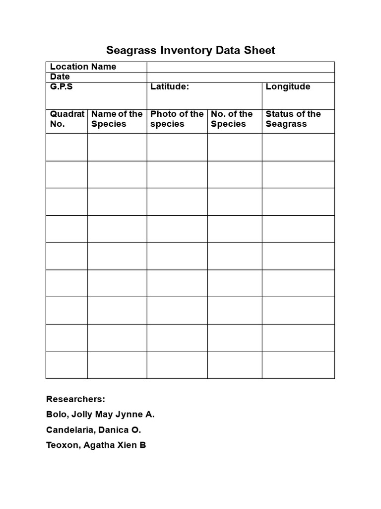 Seagrass Inventory Data Sheet | PDF